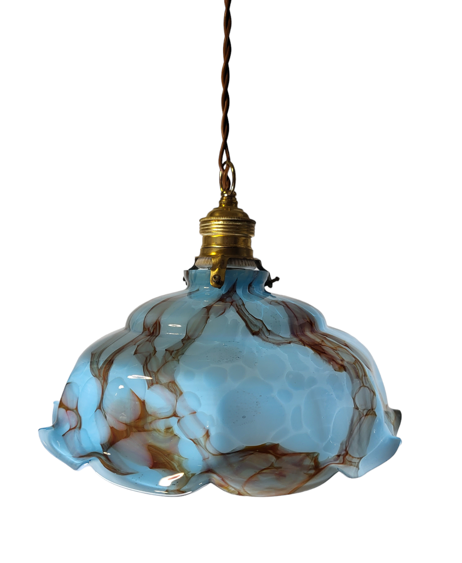 Art deco opaline glazen hanglamp, blauw gemarmerd glas en messing ...